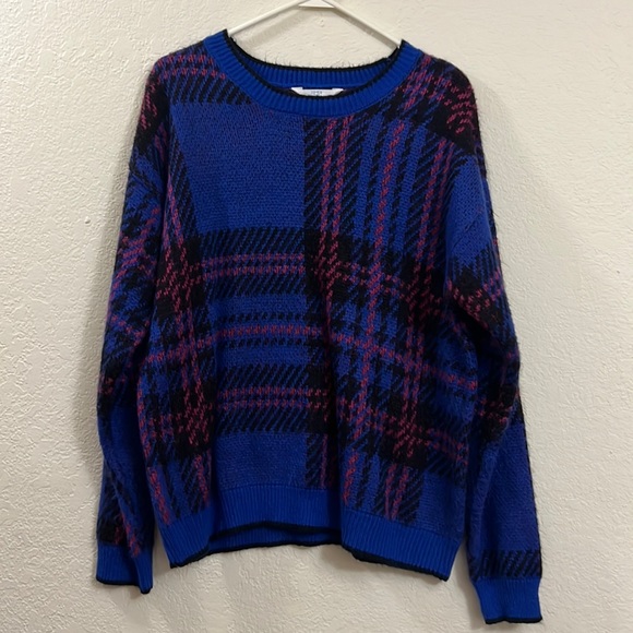 Time and Tru | Sweaters | Large Blue And Purple Plaid Sweater | Poshmark